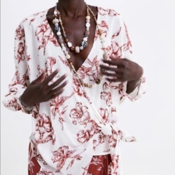 Zara | Tops | Zara Linen Redwhite Floral Wrap Blouse Size Small | Poshmark